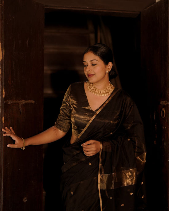 Black and gold maheshwari saree with zari bootis and zari lines all ov ...